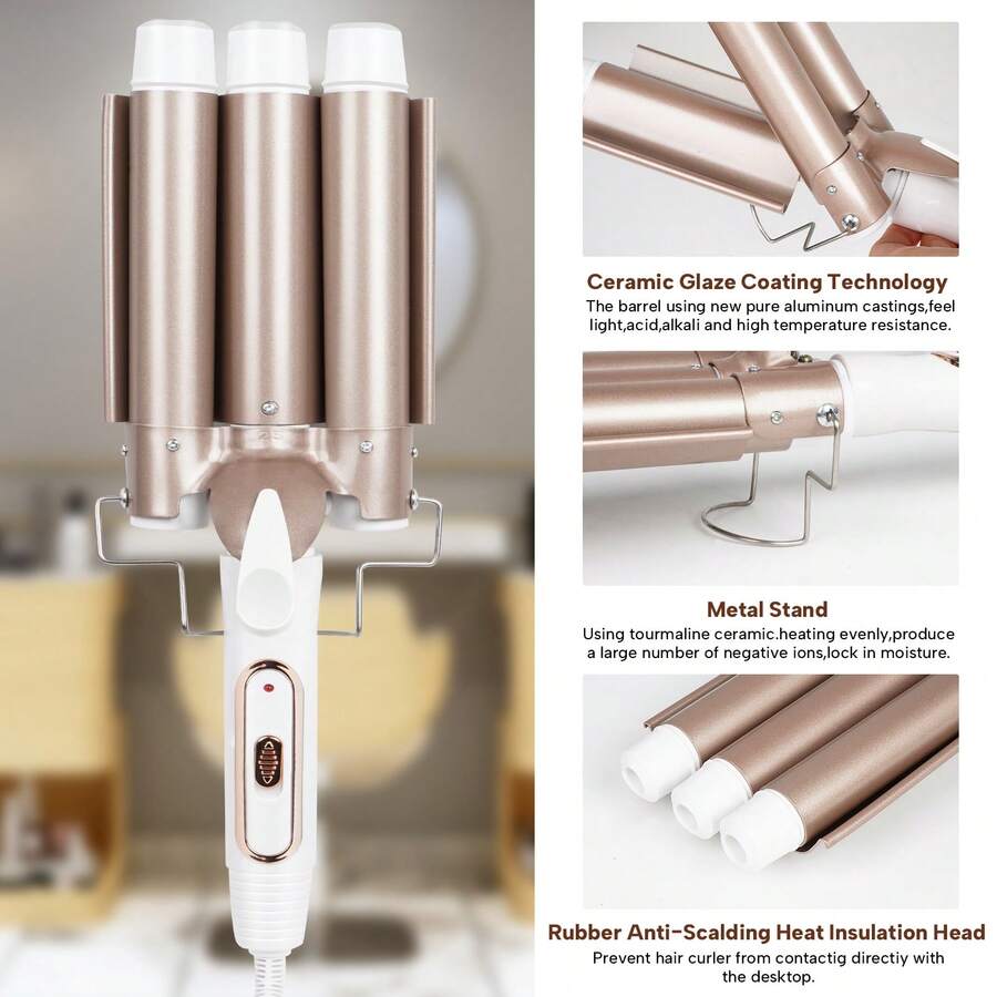 3 Barrels Hair Curling Roll Ceramic Iron 25Mm Temperature Adjustable Portable 3 Barrels Wave ...