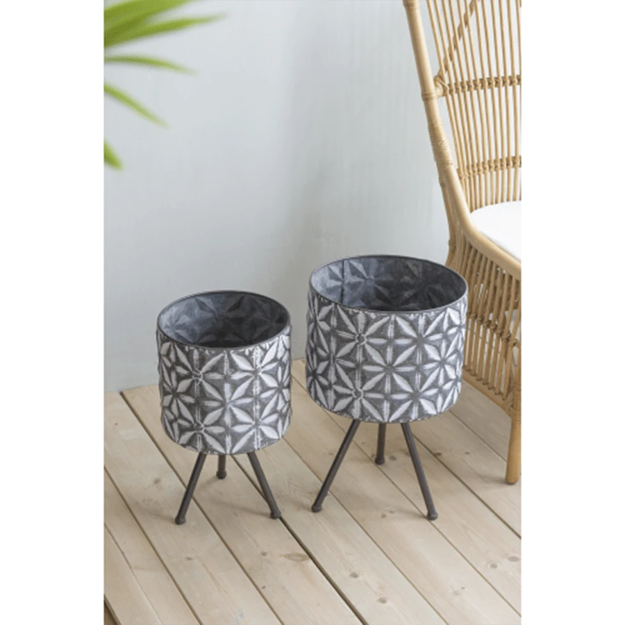 Set Of 2 Metal Planter Stands, Round Galvanized Grey Farmhouse Planters ...