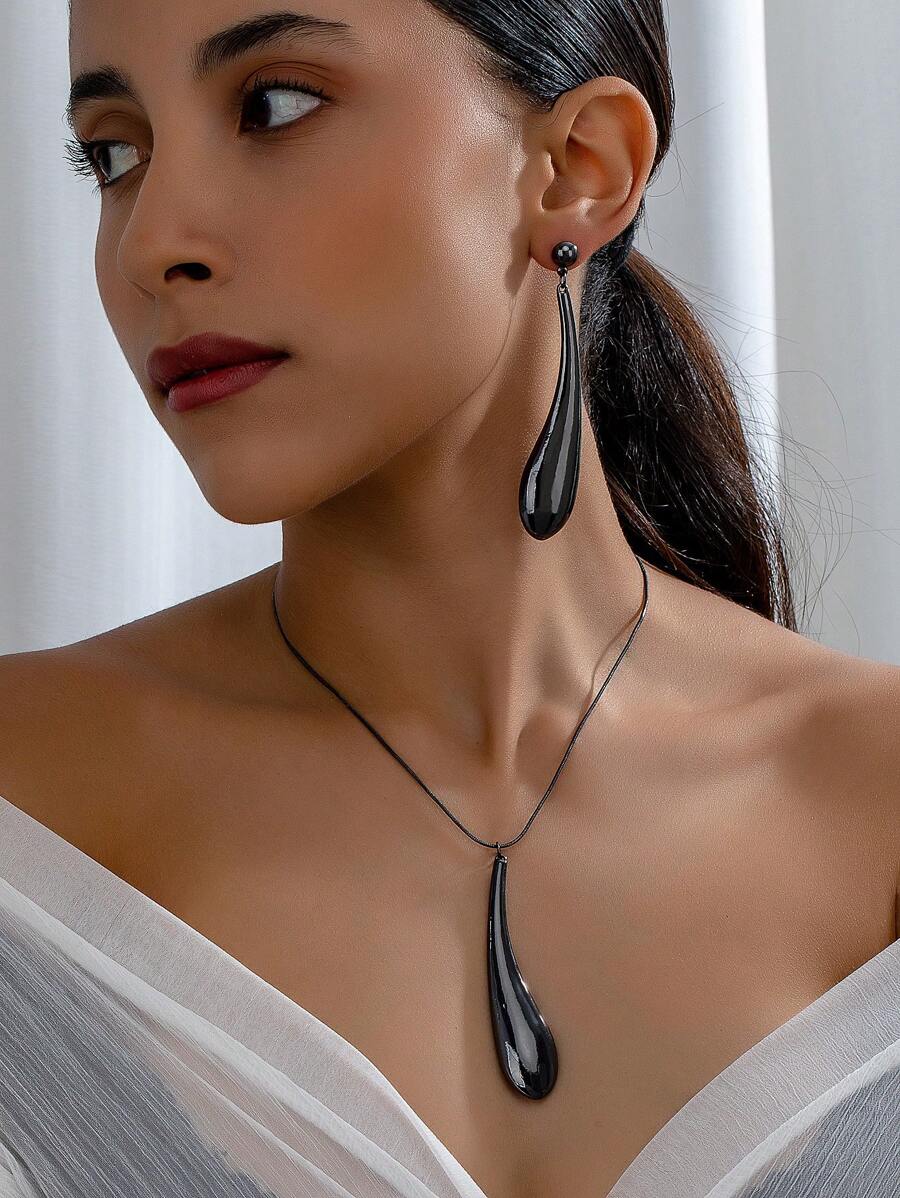 1pc Geometric Teardrop Shaped Pendant Necklace And 1pair Teardrop ...