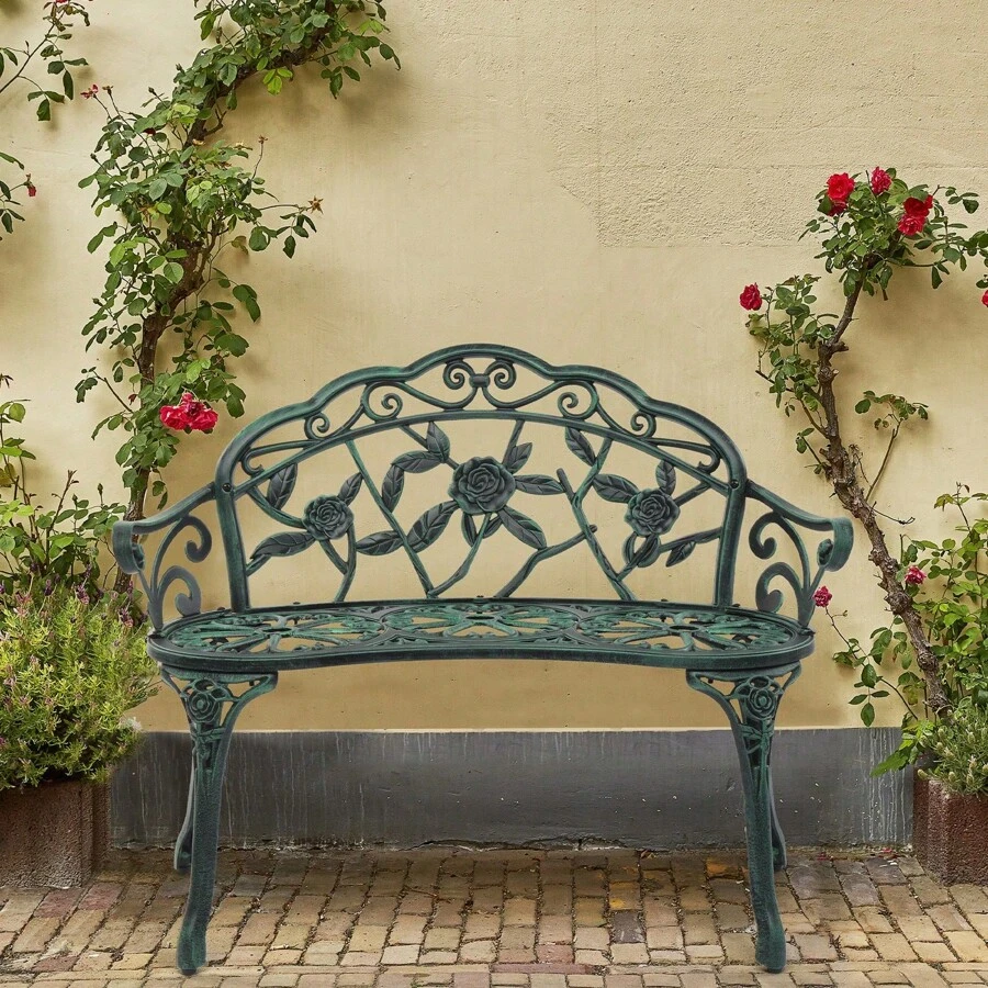 Outdoor Cast Aluminum Patio Bench, Porch Bench Chair With Curved Legs ...