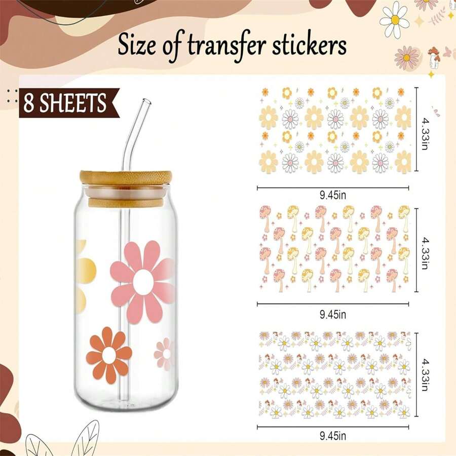 UV DTF Cup Wrap Transfer Stickers For Glass - 8 Sheets Daisy Waterproof ...