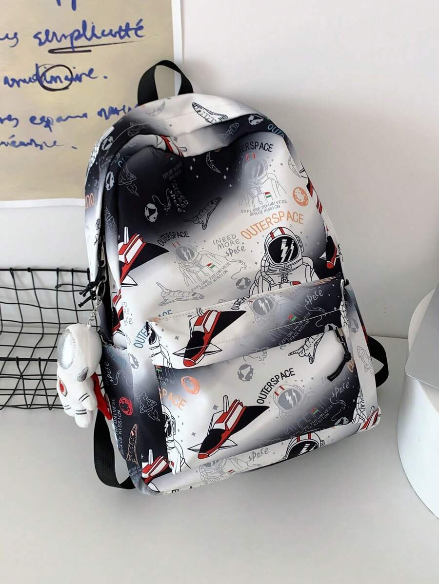 1 pezzo Zaino casual in nylon con stampa a colori, ombre nero, stampa a ...