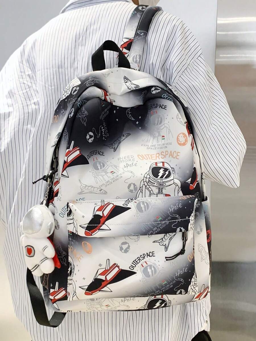 1 pezzo Zaino casual in nylon con stampa a colori, ombre nero, stampa a ...