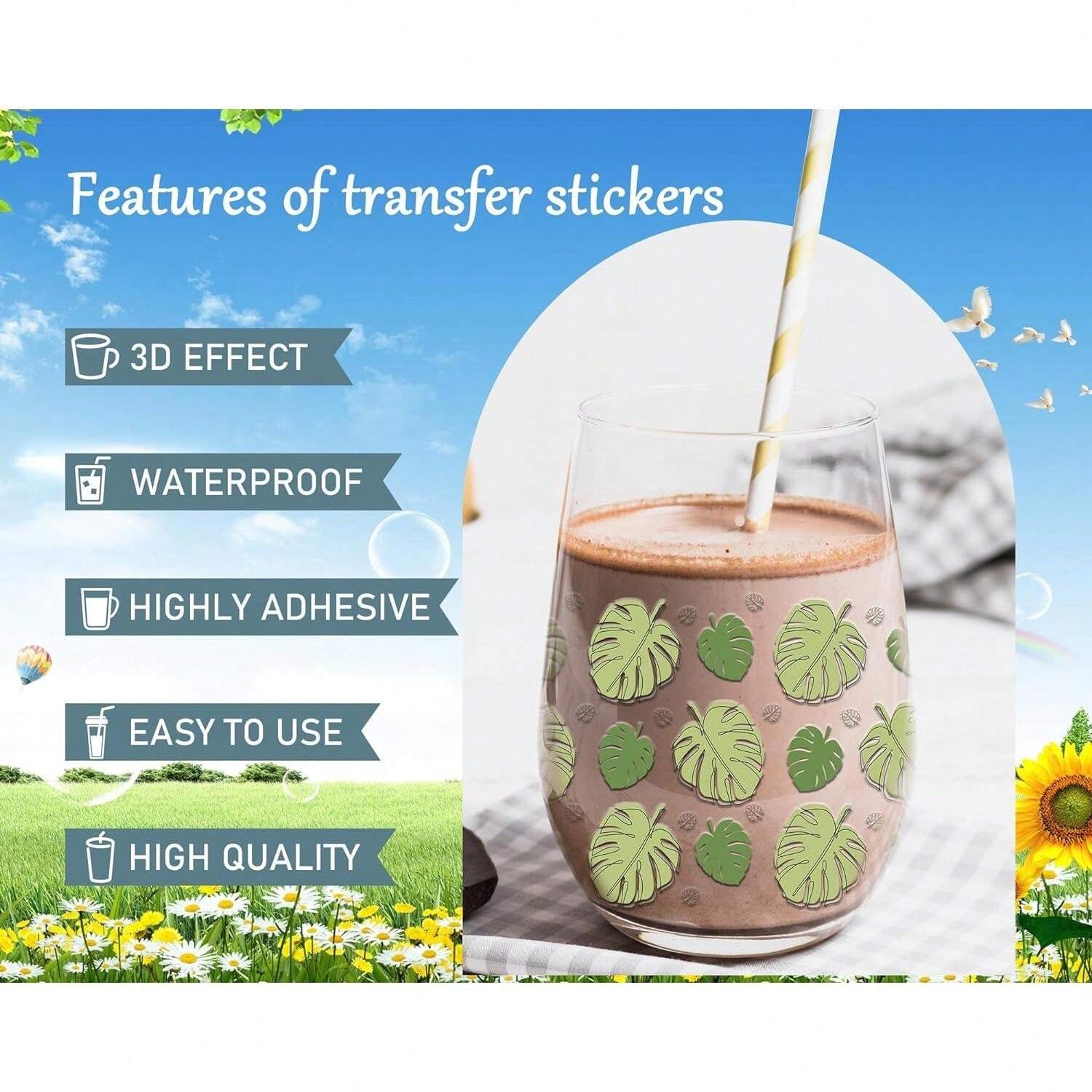 8 Sheets Plant UV DTF Cup Wrap Transfer For Glass Waterproof Flower ...