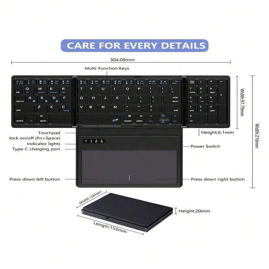 Jomaa Jomaa Leather Foldable Wireless Keyboard Full Size Large Touchpad Wireless Keyboard Tri