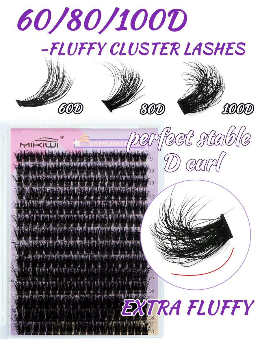 Fluffy 60D/80D/100D DIY Cluster Lash Extensions - D Curl 9-18mm Soft Stem Segmented False ...
