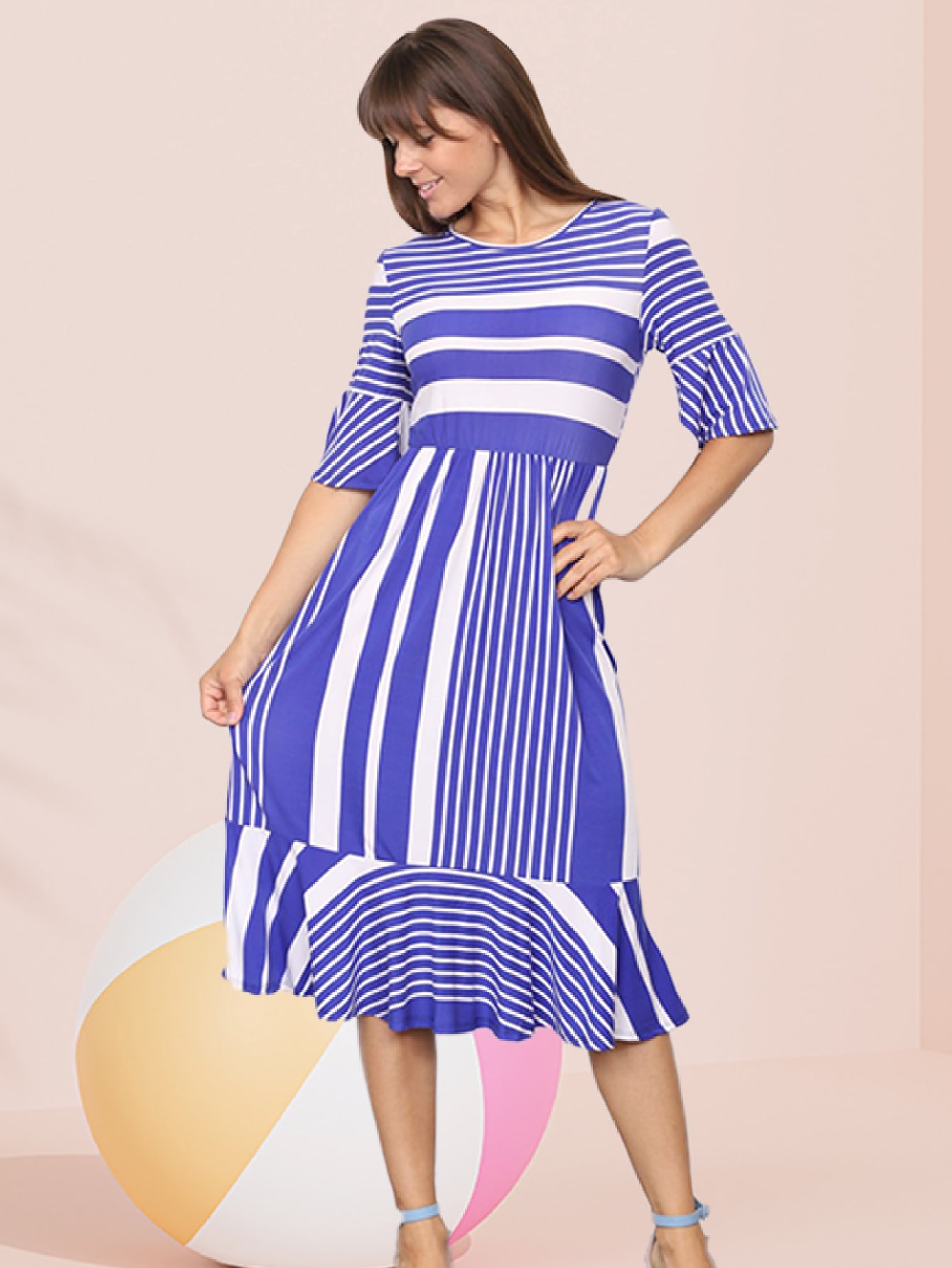 Boho Vintage Royal Blue Coral Pink Yellow Stripe Tiered Ruffle Trim ...