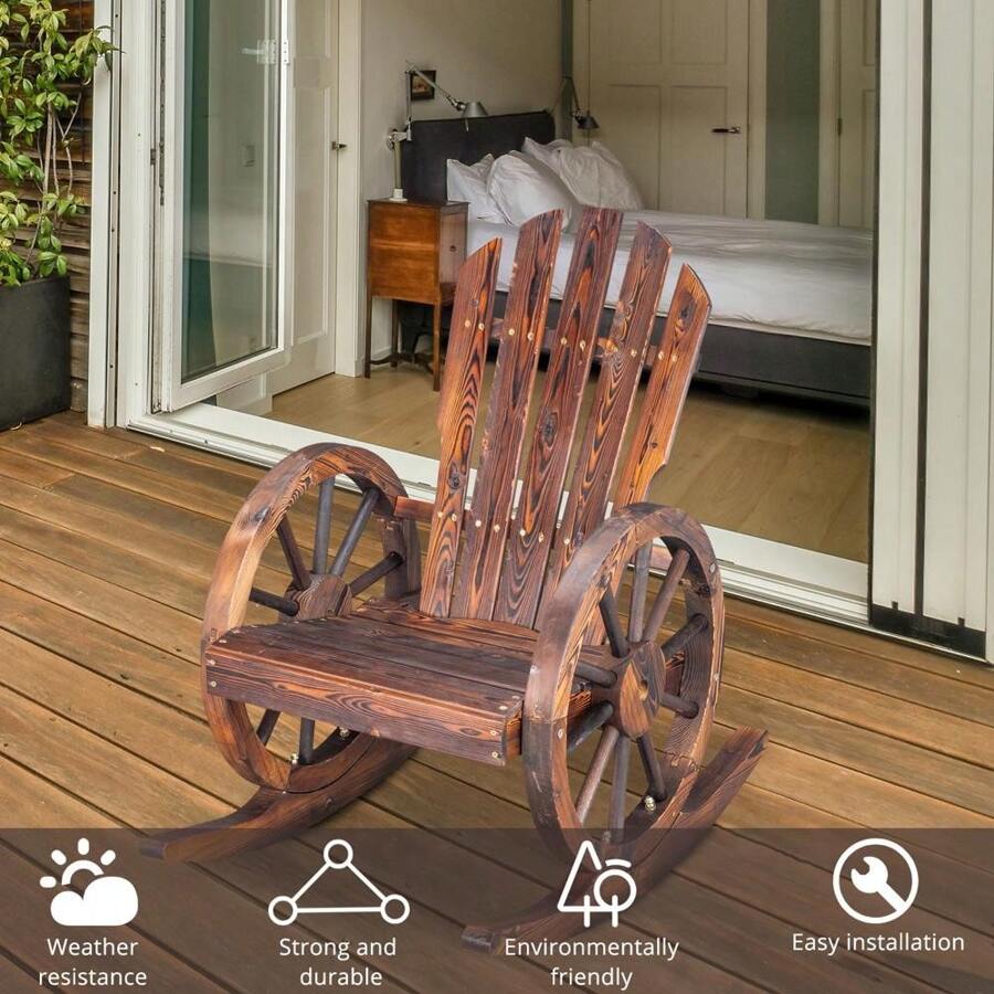 Outdoor Fir With Wooden Wheel Wooden Rocking Chair Carbonized Color ...