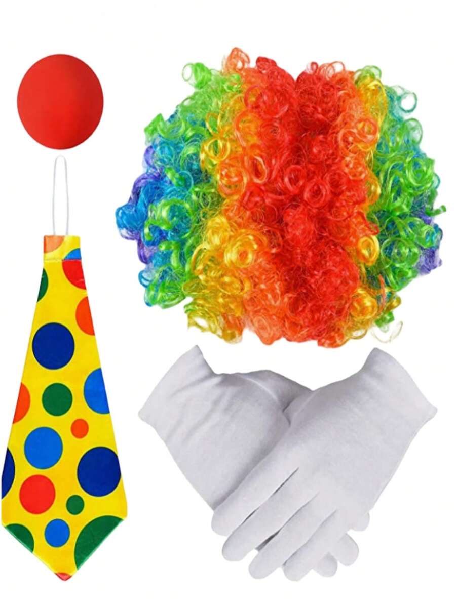 4pcs Men's Colorful Polka Dot Circus Clown Nose, Gloves, Wig And Tie ...