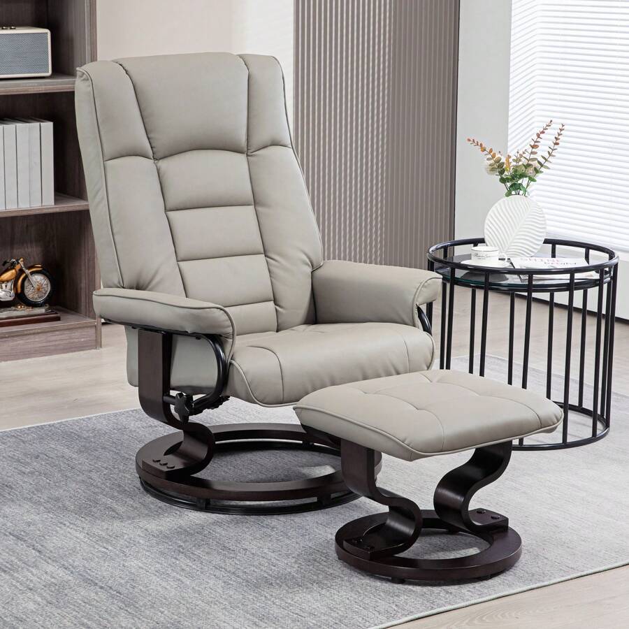 HOMCOM Swivel Recliner With Ottoman, Faux Leather Rocking Chair, Gray ...