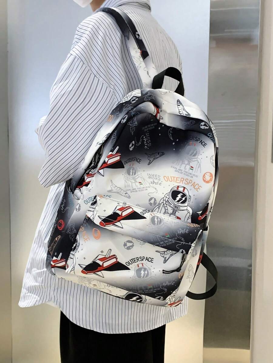 1 pezzo Zaino casual in nylon con stampa a colori, ombre nero, stampa a ...