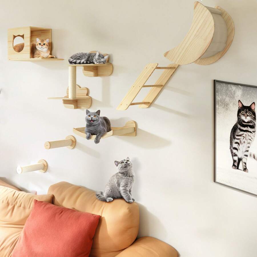 8pcs Wall Mounted Wood Cat Climber Set Cat Hammock Climbing Shelves