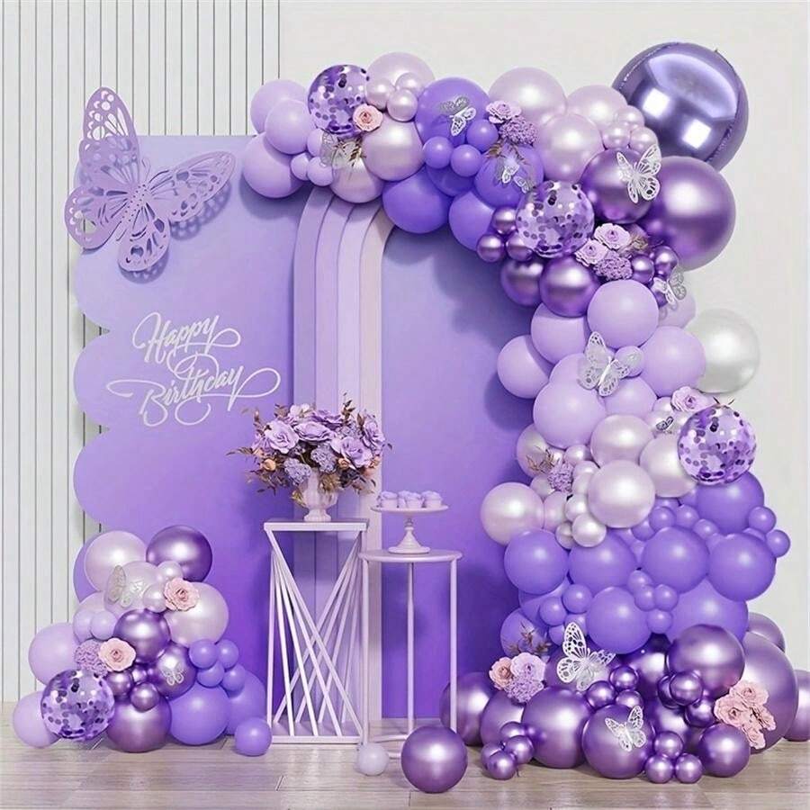 162/145pcs Purple Balloons & Floral Arch Decor Set, 12pcs 3D Butterfly ...