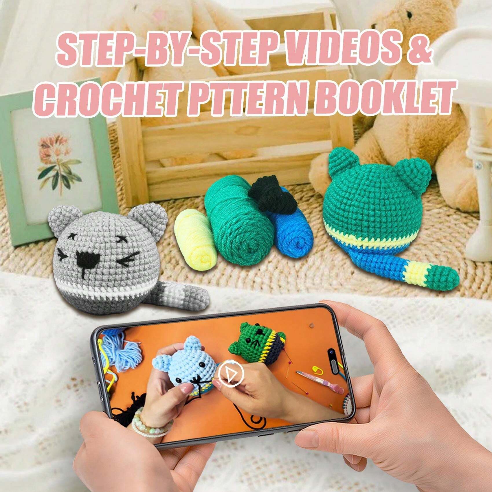 2 Sets Or 1 Set Crochet DIY Cat Plush Toy Material Kit, Easy To Learn ...