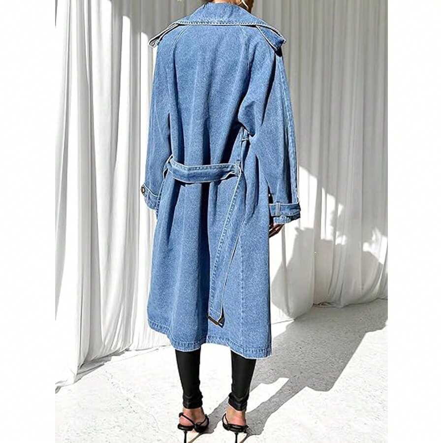 BZB Women's Long Double Breasted Denim Jacket Oversized Button Down ...