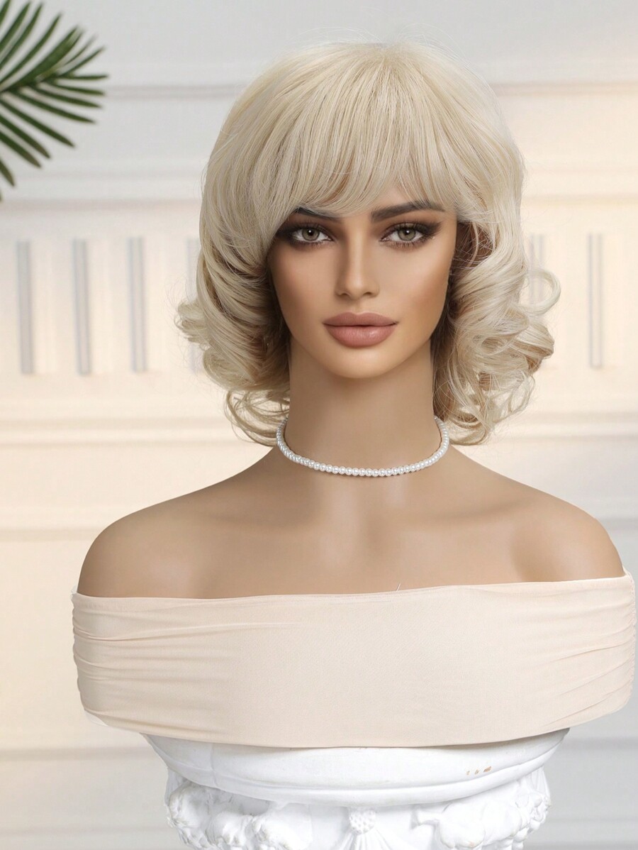 12 Inch Short Wave Curly Wigs With White Bangs For Women Ladies Short ...