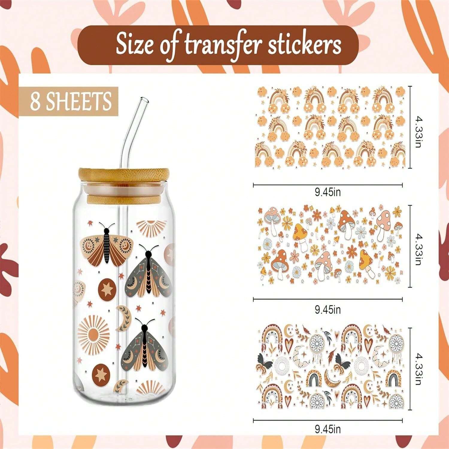 UV DTF Cup Wraps For 16 Oz - 8 Sheets Mystic Boho UV DTF Wraps Moth ...