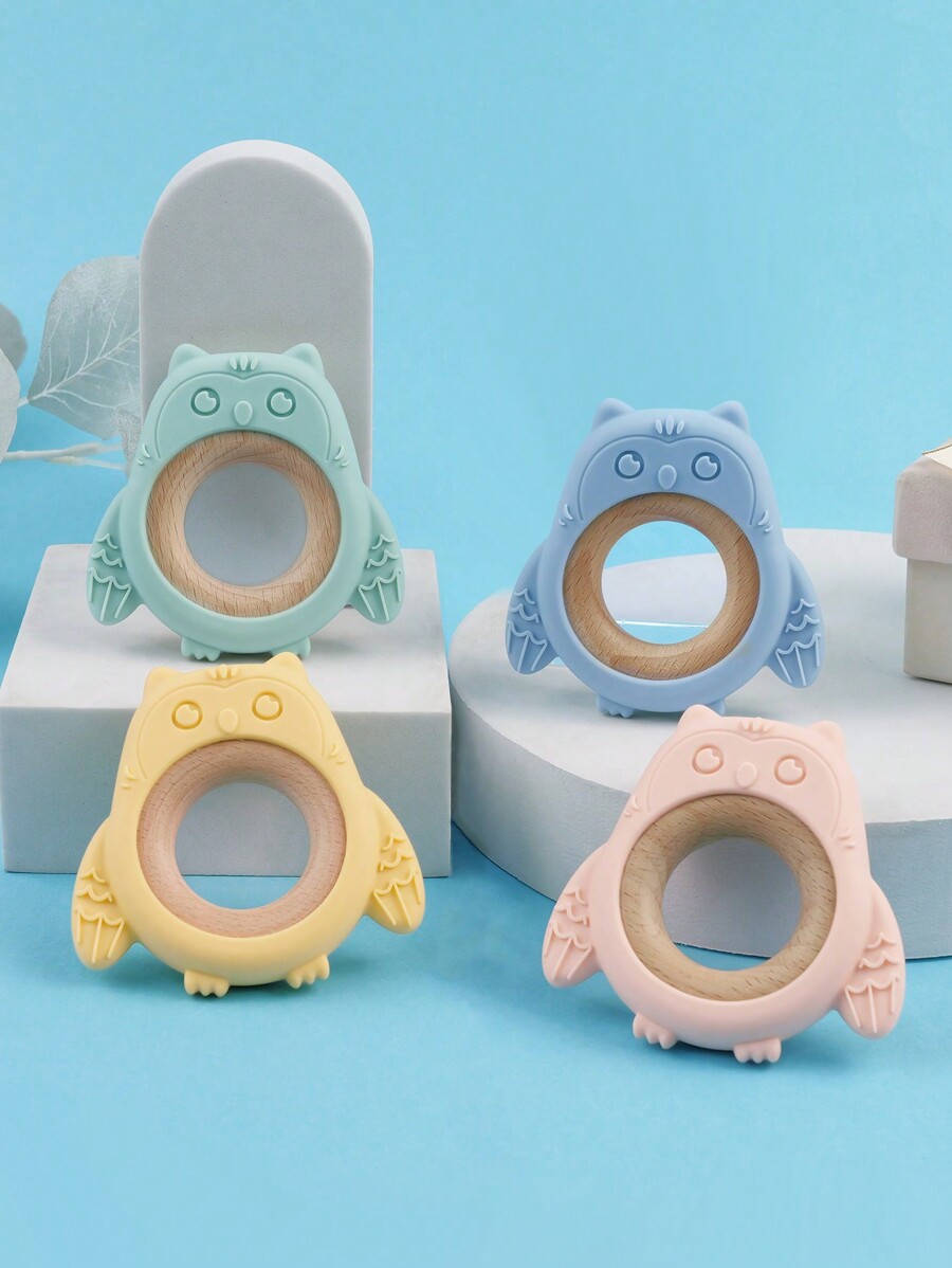 1pc Baby Silicone Teether Cartoon Owl Shape Wooden Ring Teething Toys ...