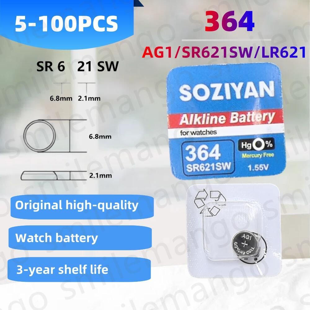 5-100PCS 1.55V 364 AG1 LR621 2024 New Alkaline Battery 164 531 SR621 SR621SW SR60 CX60 Button ...
