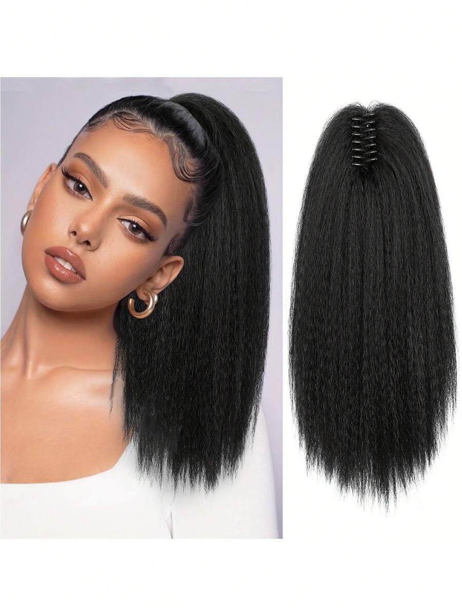 Women's Curly Straight Ponytail Extension Black Yaki Ponytail Fluffy ...
