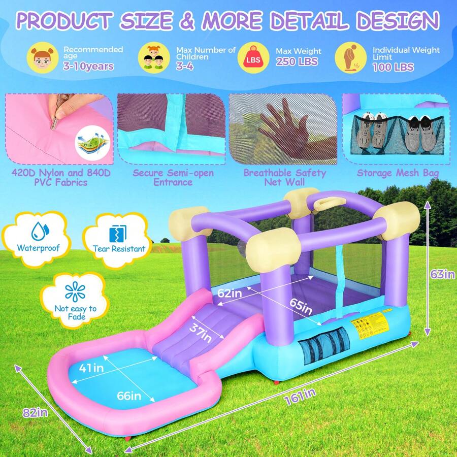 Bounce House, Pastel Inflatable Bounce House With Slide, Summer Fun Air ...
