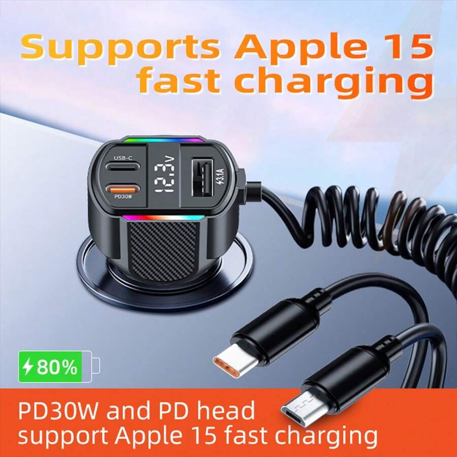 1pc Black ABS Car Charger With One-To-Two Charging Cable, 1 USB Port, 2 ...