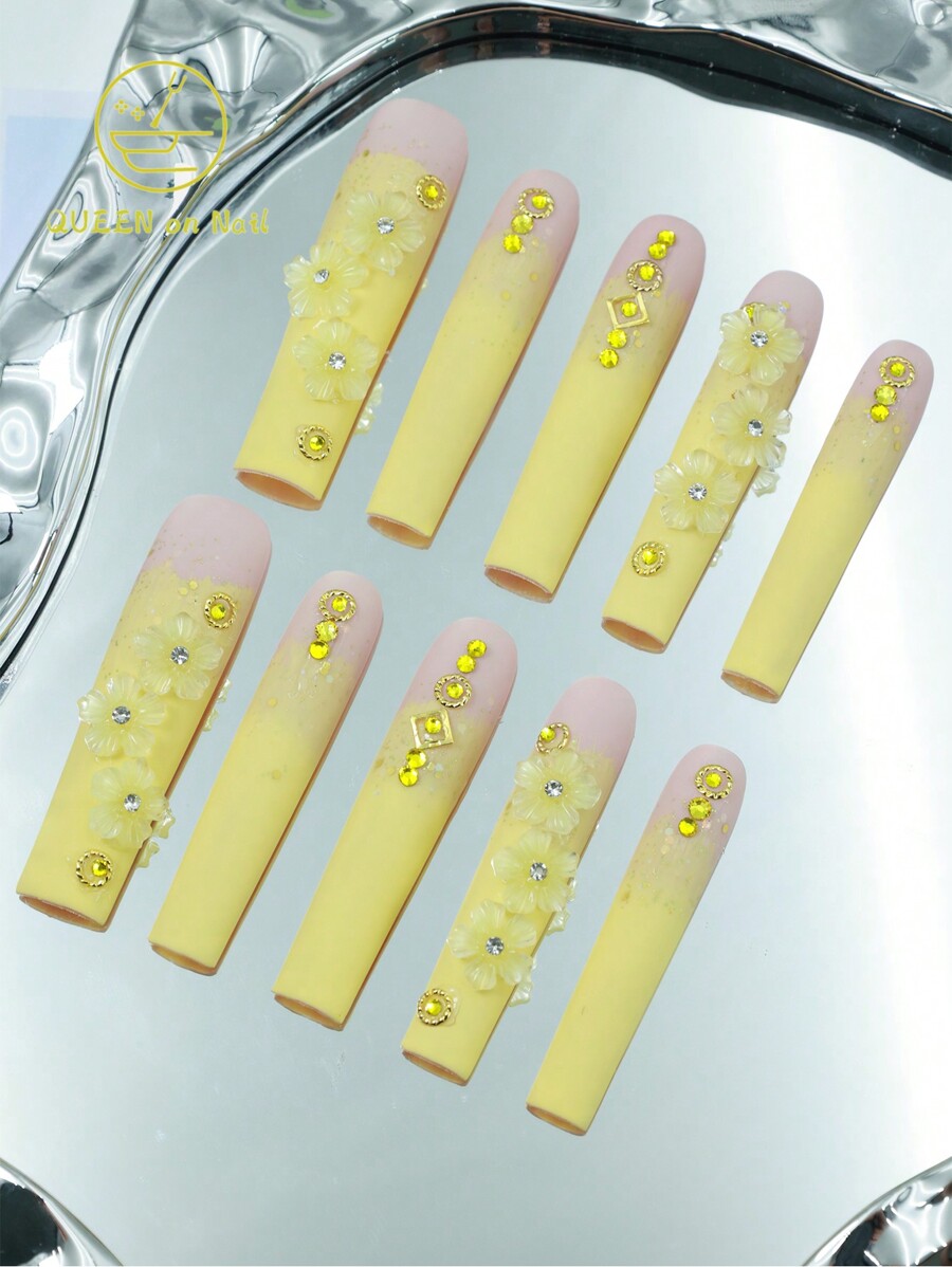 10 Pieces Of Handmade Fake Nails, Extra Long Ballerina Style Fake Nails ...