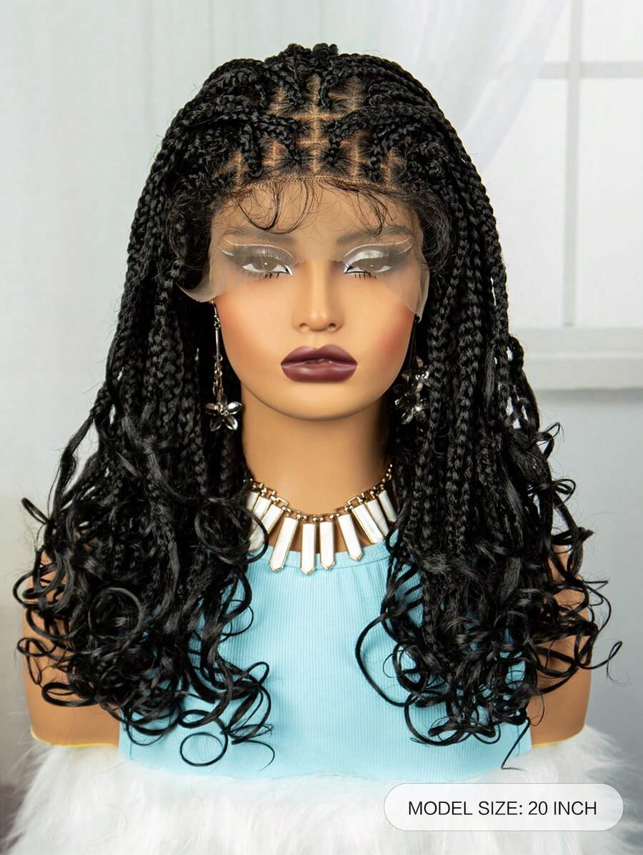Lace Front Square Knotless Box Braided Wigs With Curly Ends For Women Black Synthetic Full ...