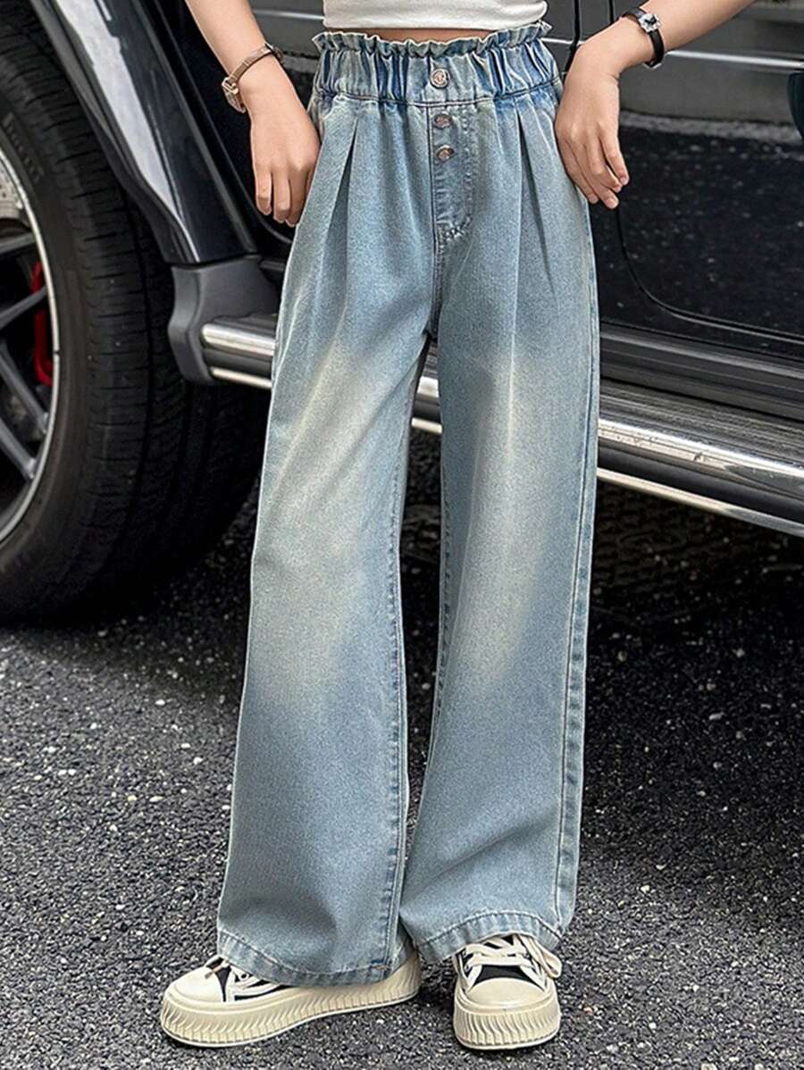 Tween Girls Summer Denim Wide-Leg Jean With Three-Button And Flower Bud ...