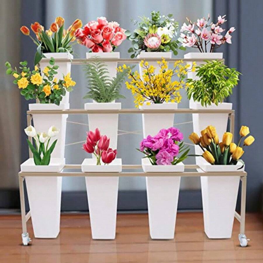 3-Layer Indoor Flower Stand Flower Display Shelf Outdoor Rack +Wheels ...