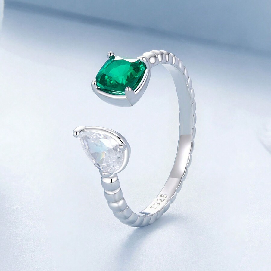 1pc 925 Sterling Silver Double Heart Zirconia Hand Opening Ring For Women Statement Finger Ring ...