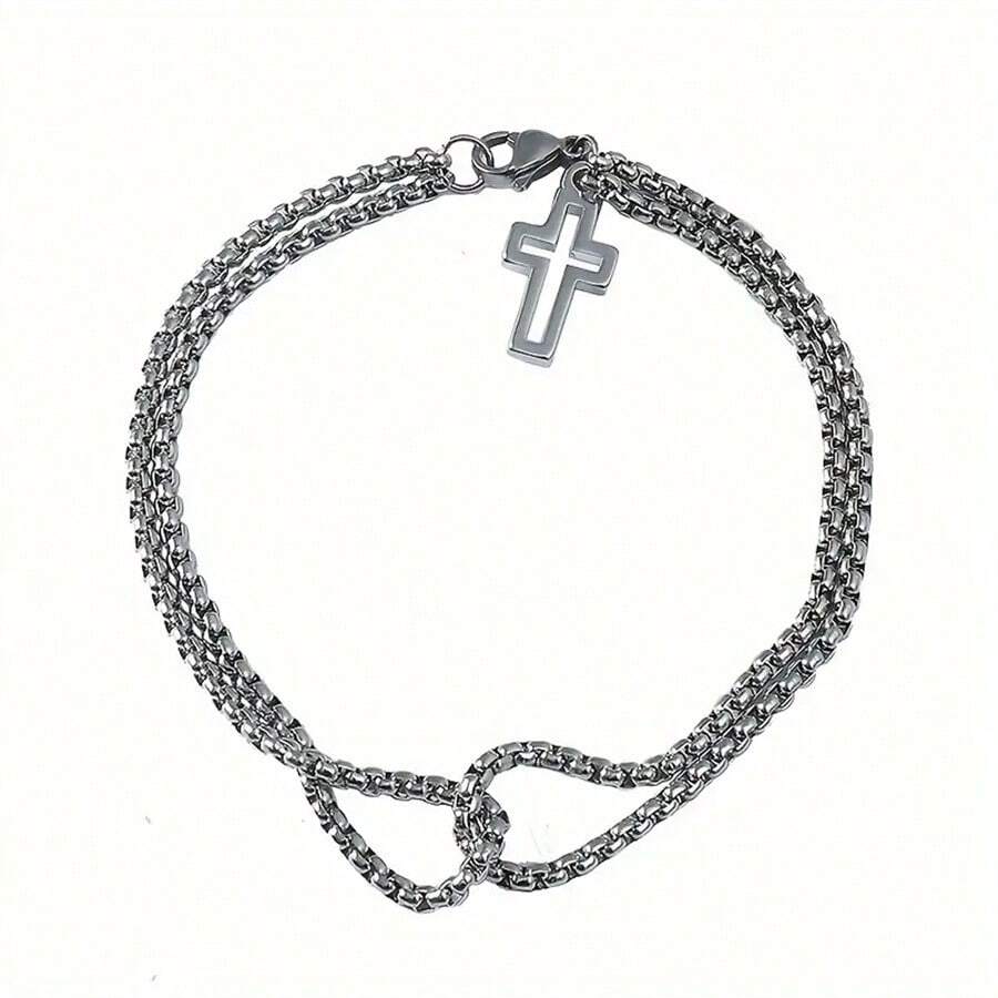 1pc Unique And Retro Cross Double Chain Cross Men's Trendy Bracelet for ...