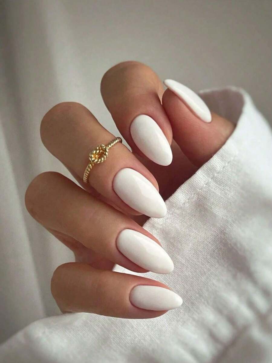 24 Long Almond Shaped Bright White Fake Nail Sets, Paired With Jelly ...