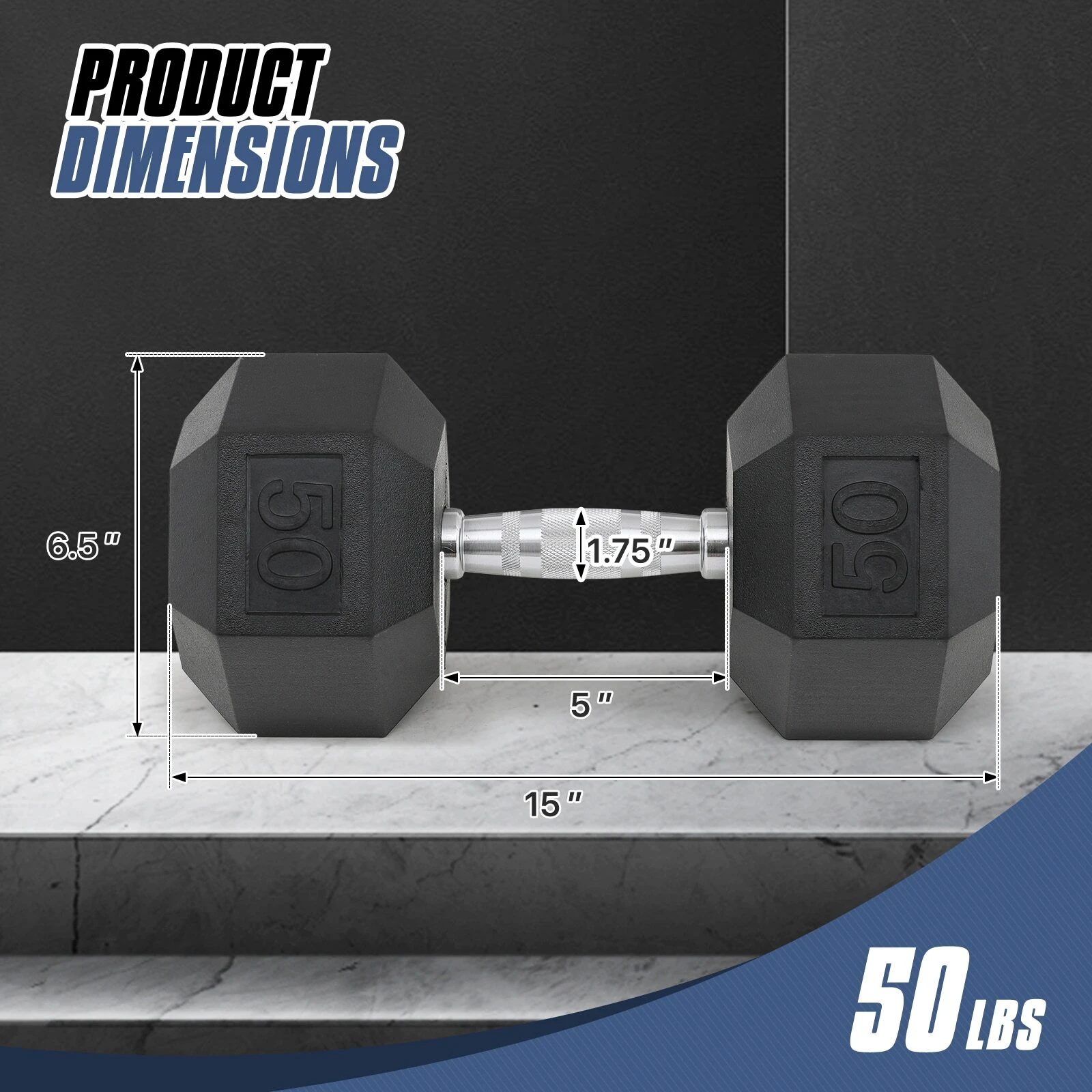 MADOG Rubber Coated Hex Dumbbell, 50 LB Single Free Weight, Anti-Slip ...