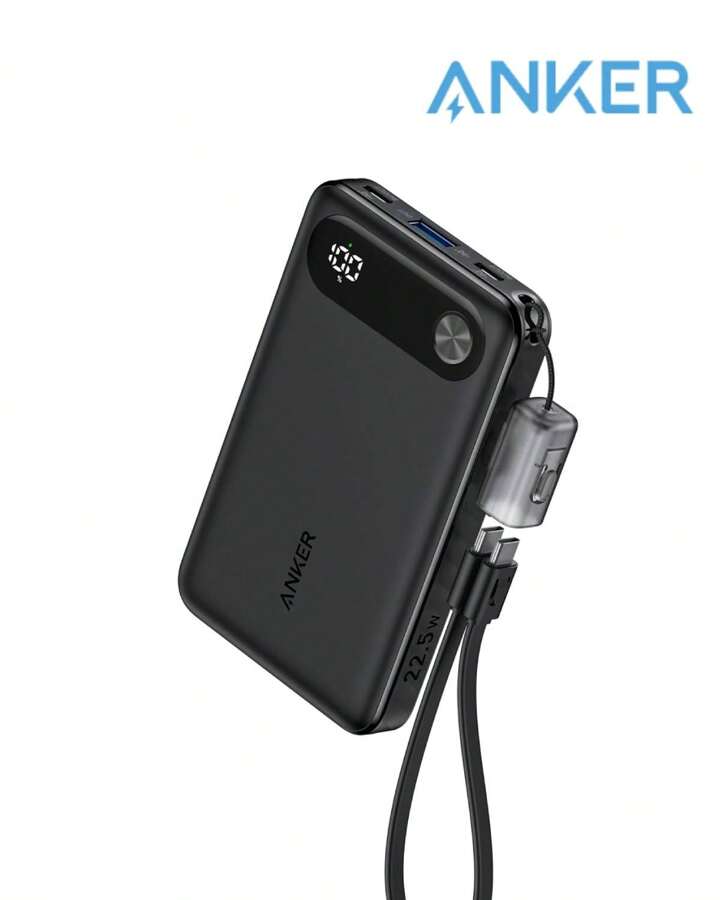 Anker Power Bank 10 000mAh Portable Charger With Built In USB C Cable And Lanyard 22.5W Max Output With 2 USB C And 1 USB A Port Battery Pack For
