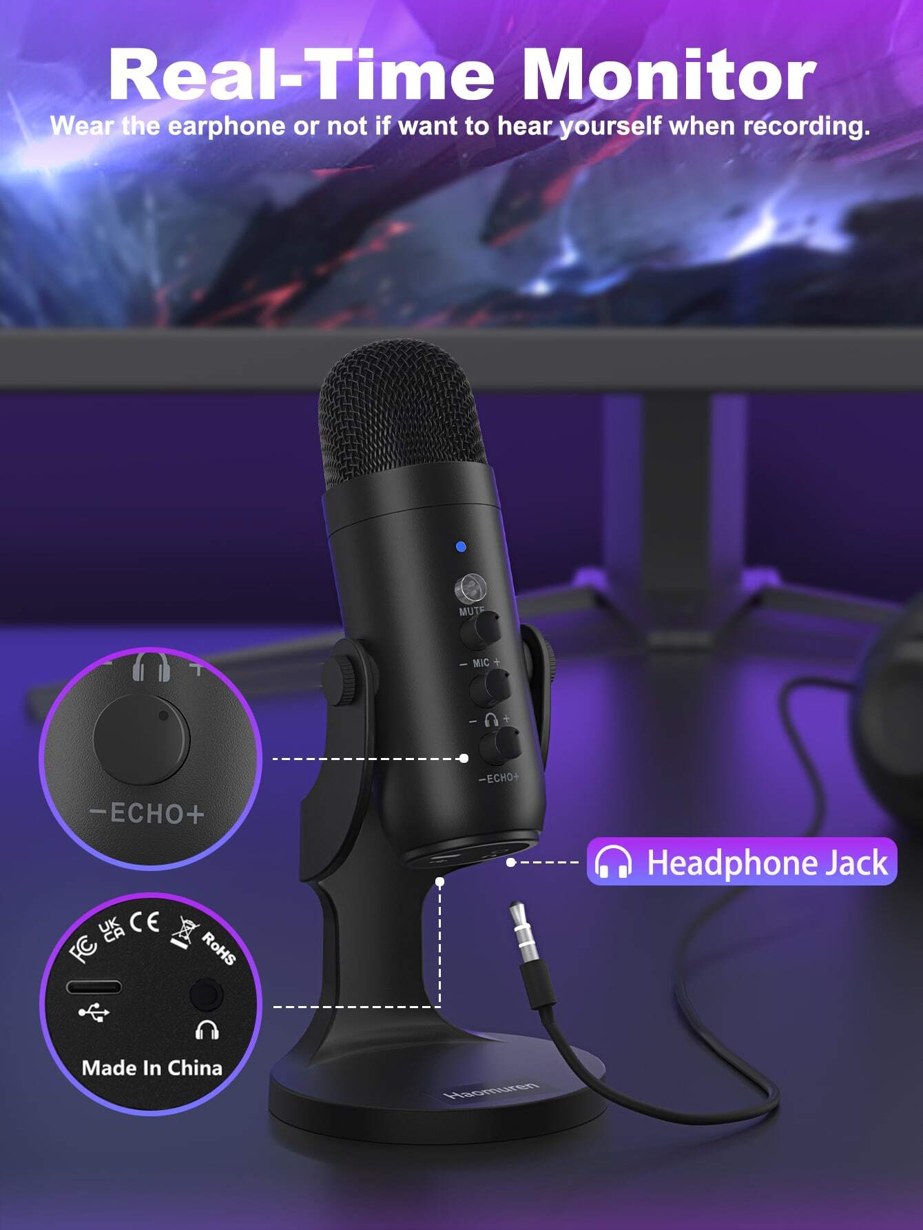 Haomuren USB Microphone,Condenser Gaming Mic For Phone/Laptop/PC/PS4/5 ...