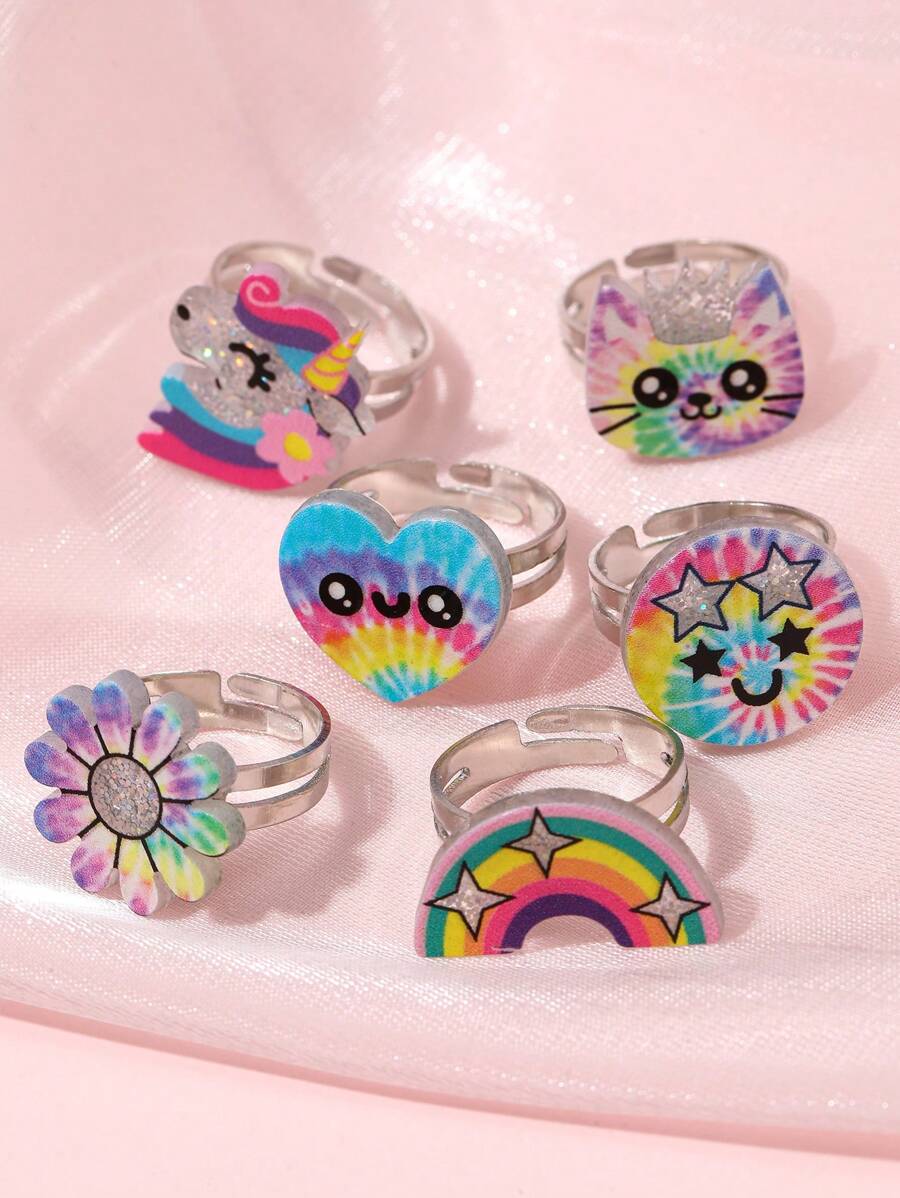 6pcs/Set Girls' Heart, Rainbow, Cute Unicorn, Cat Adjustable Kids Rings ...