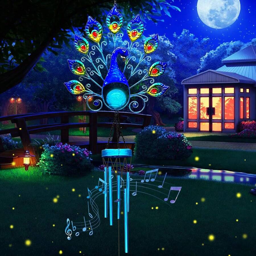 Outdoor Solar Wind Chimes, Metal Large Peacock Wind Chimes LED Lights ...
