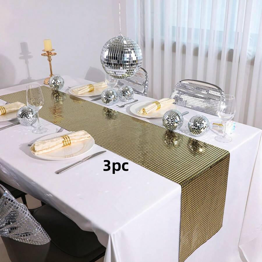 1/3/5pcs 33*183cm Gold Glitter Table Runner For Disco Party, Retro 70s 80s Theme, Disco Ball ...