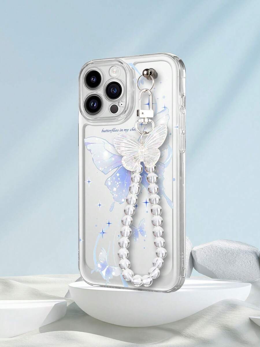 1pc Transparent White TPU Butterfly Print Shockproof Phone Case And 1pc Transparent Butterfly ...