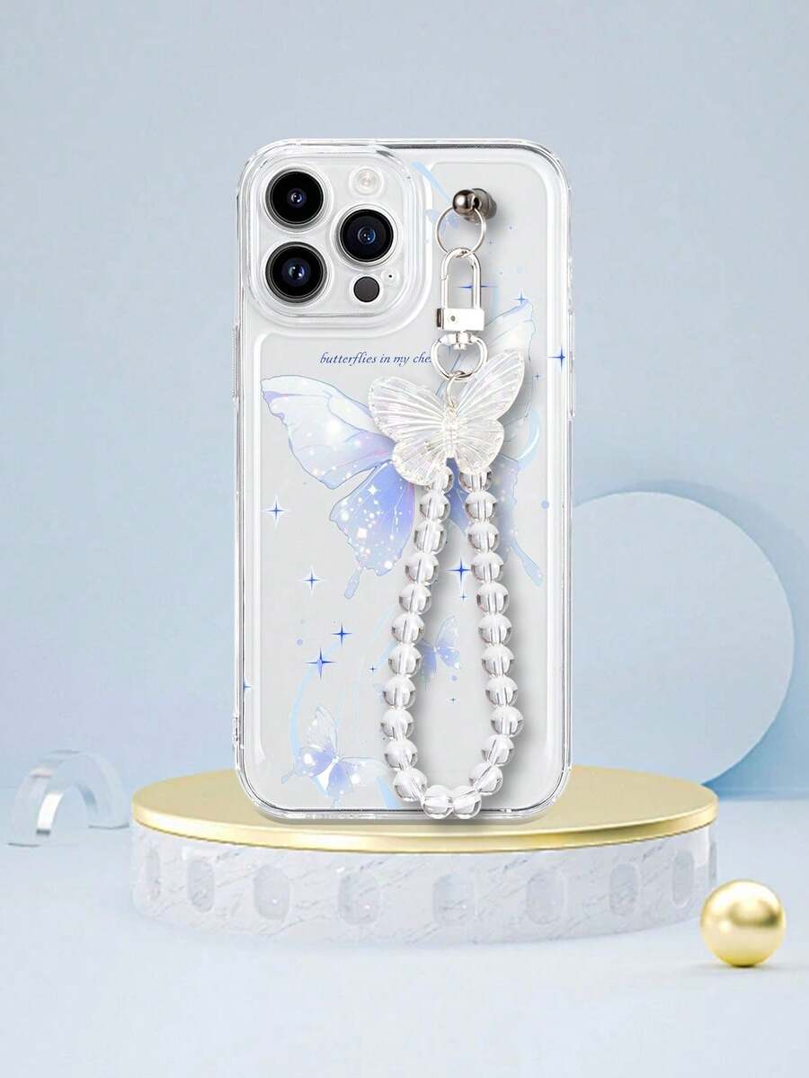 1pc Transparent White TPU Butterfly Print Shockproof Phone Case And 1pc Transparent Butterfly ...
