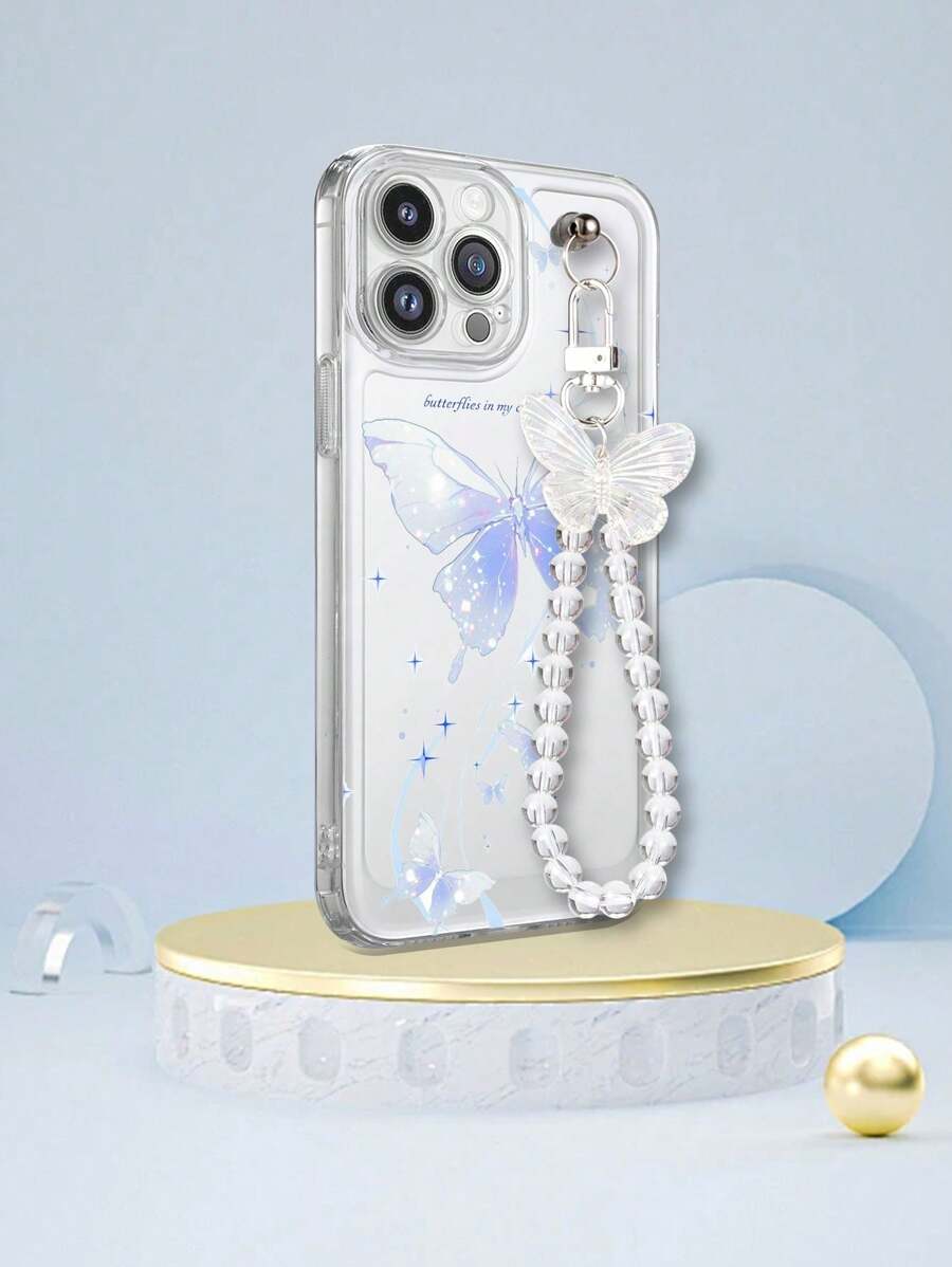 1pc Transparent White TPU Butterfly Print Shockproof Phone Case And 1pc Transparent Butterfly ...