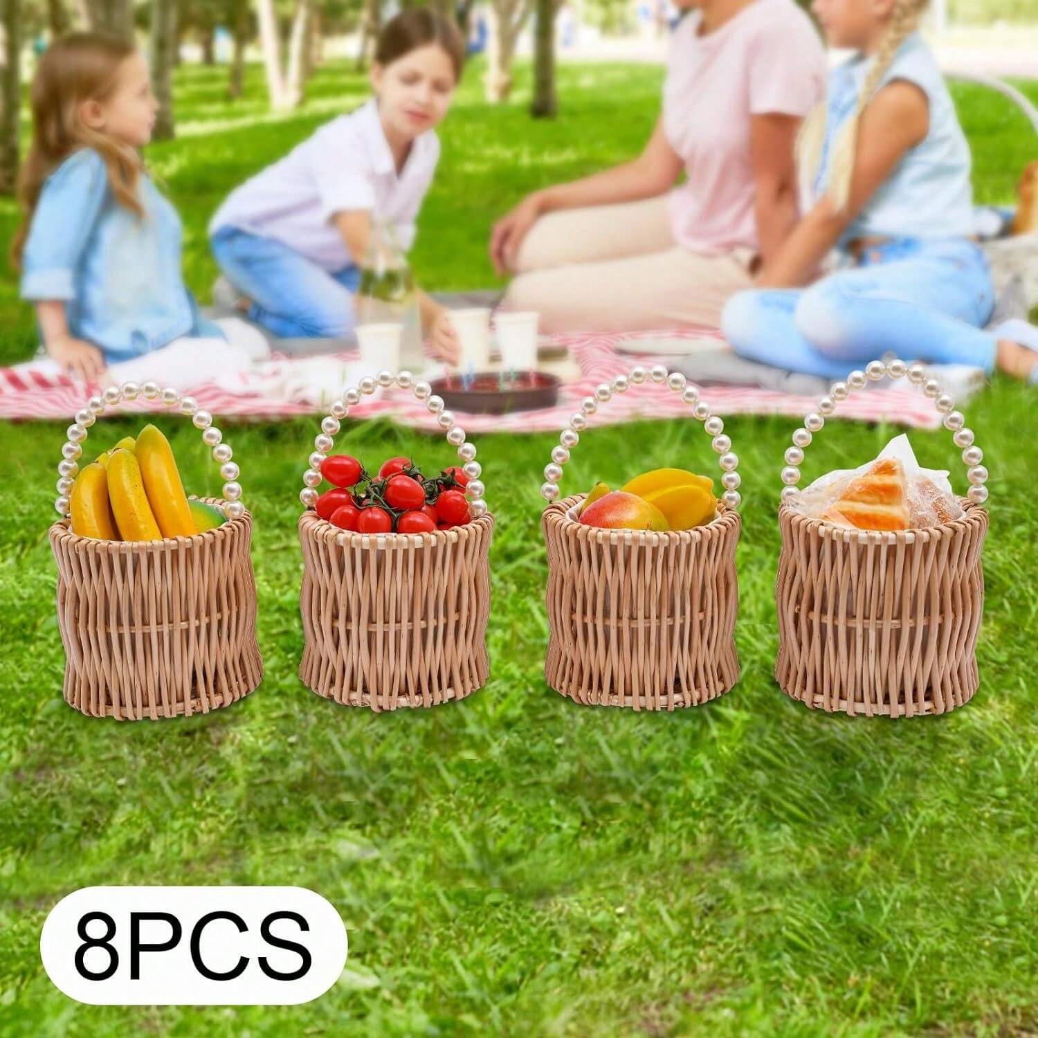 8 PCS Wicker Wedding Flower Girl Baskets, Pearl Wicker Rattan Flower ...