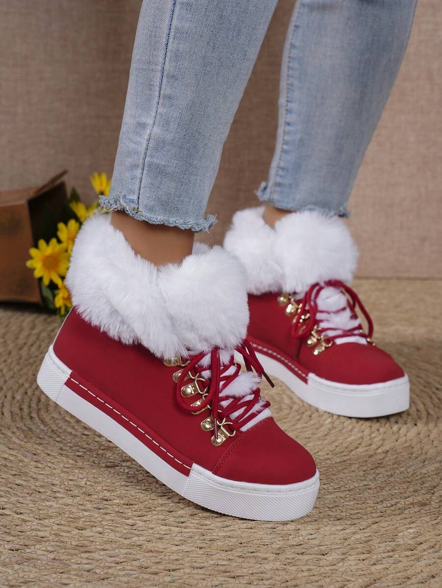 Women's Fluffy Lining Ankle Boots, Fashion Warm Solid Color Lace-Up ...