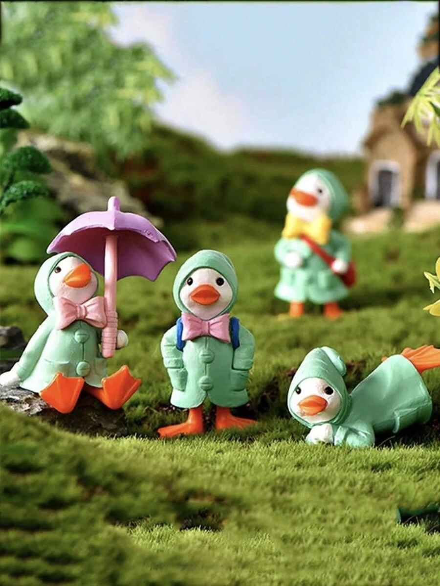 4pcs Cute Cartoon Duck Miniature Doll Umbrella & Raincoat Decoration ...