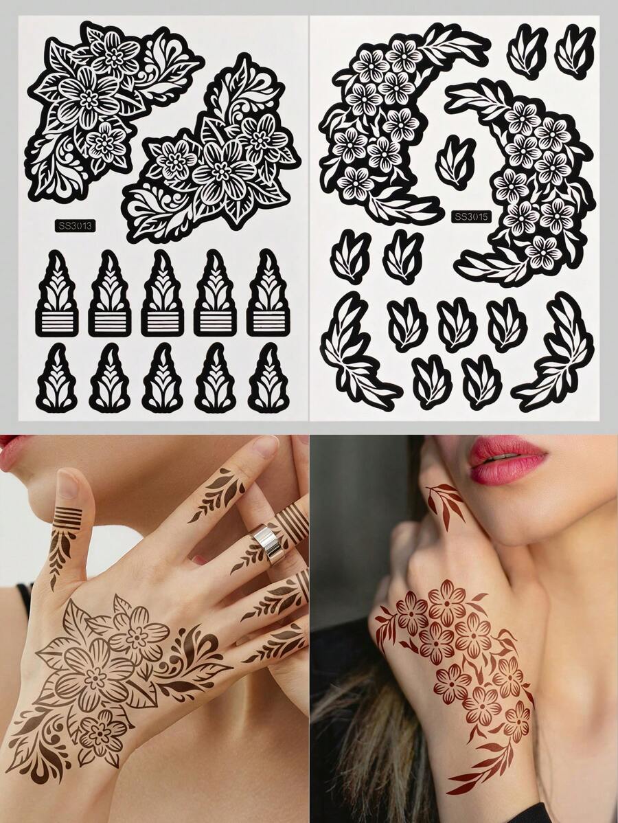 2 Sheets Flower Tattoo Stencil Sticker Flora Temporary Henna Hollow ...