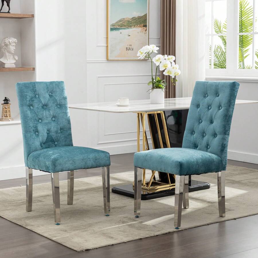 Velvet Dining Chairs Set Of 2, Tufted Upholstered High Back With ...