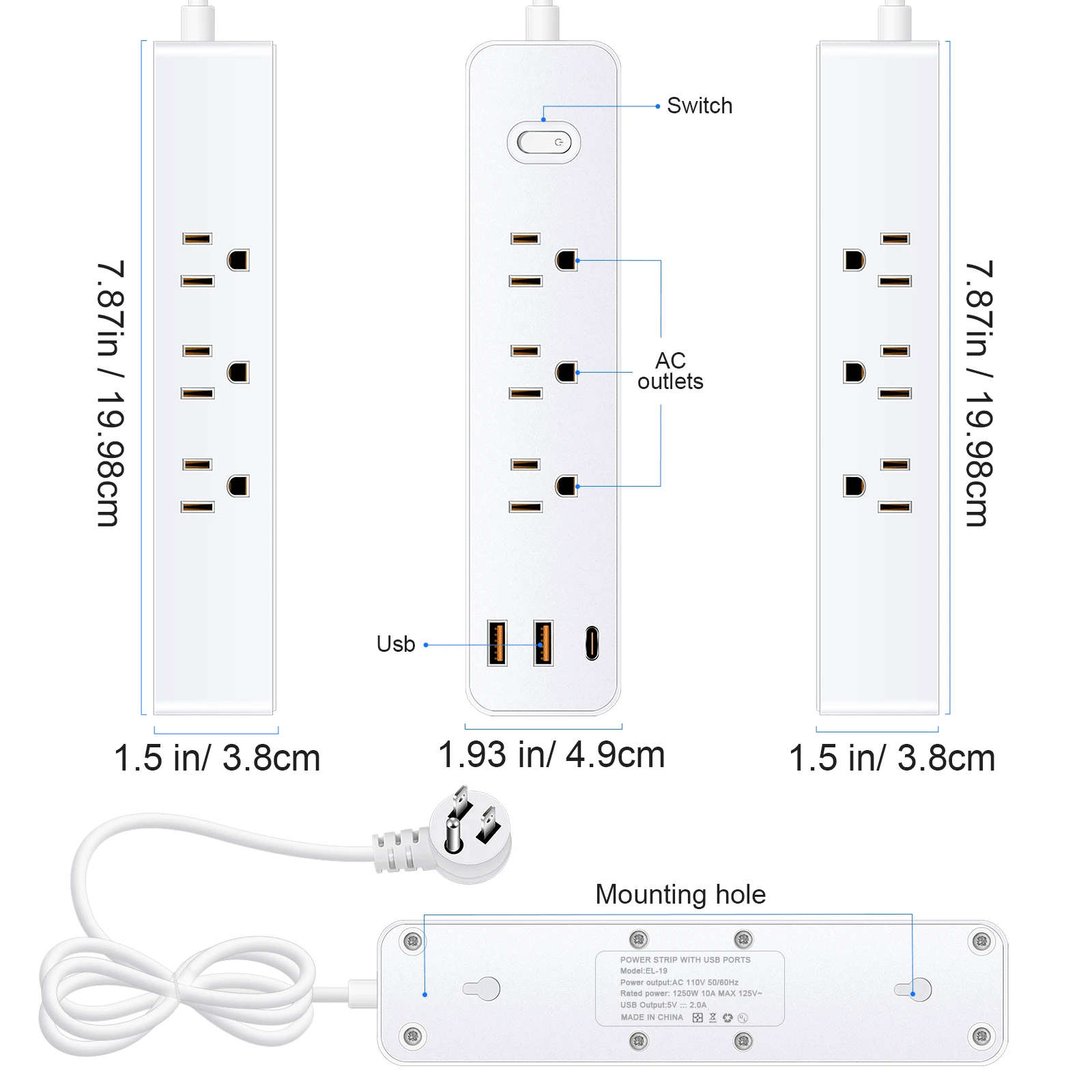 1pc Desktop Computer Power Strip With 9 Outlets, 3 USB Ports (1 USB C ...