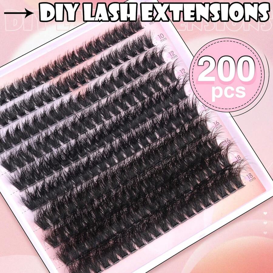 Eyelash Extension Kit: 200pcs Clusters, Fluffy 10-18mm DIY Kit With Adhesive And Sealant, Strong ...