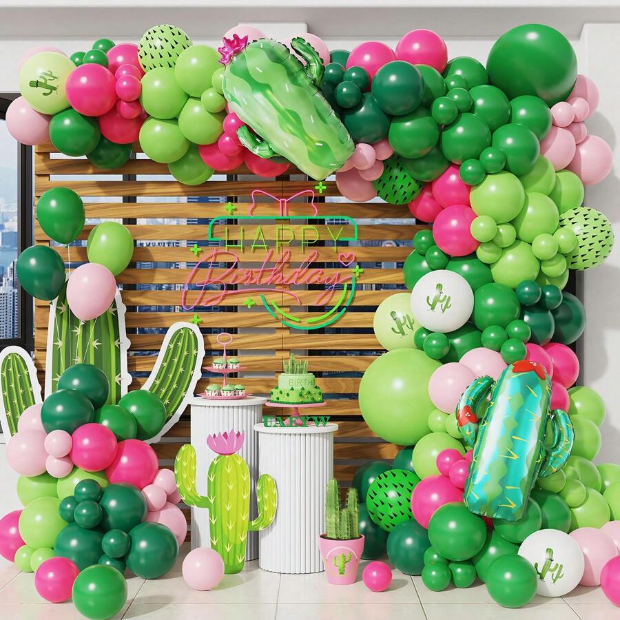 144Pcs Cactus Fiesta Balloon Arch Garland Kit Hot Pink Green Cactus Foil Balloons For Mexican ...